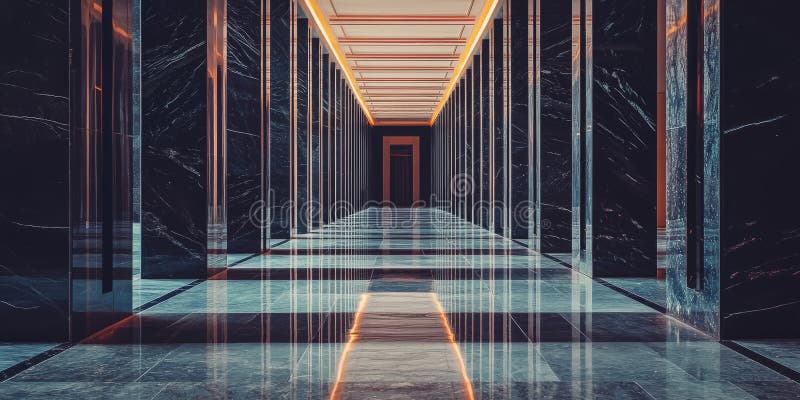 Modern Corridor with Sleek Black Marble, Minimalist Columns Stock Image ...