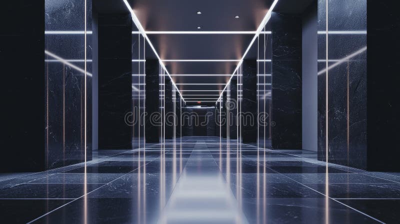 Modern Corridor with Sleek Black Marble, Minimalist Columns Stock Image ...