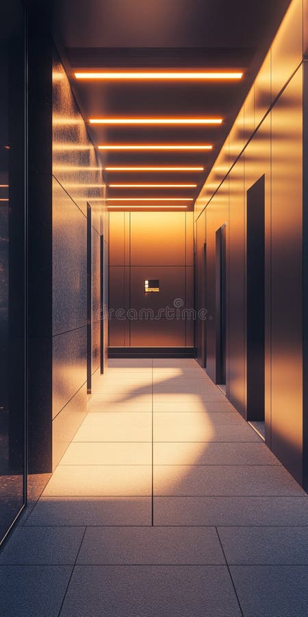 Modern Corridor with Warm Lighting and Sleek Elevator Design Stock ...