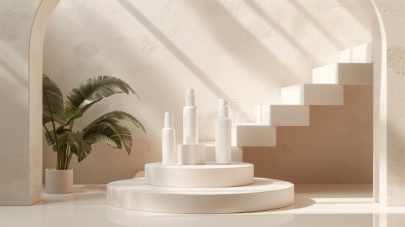 Modern Cosmetic Bottles Staged with Architectural Backdrop and Plant ...