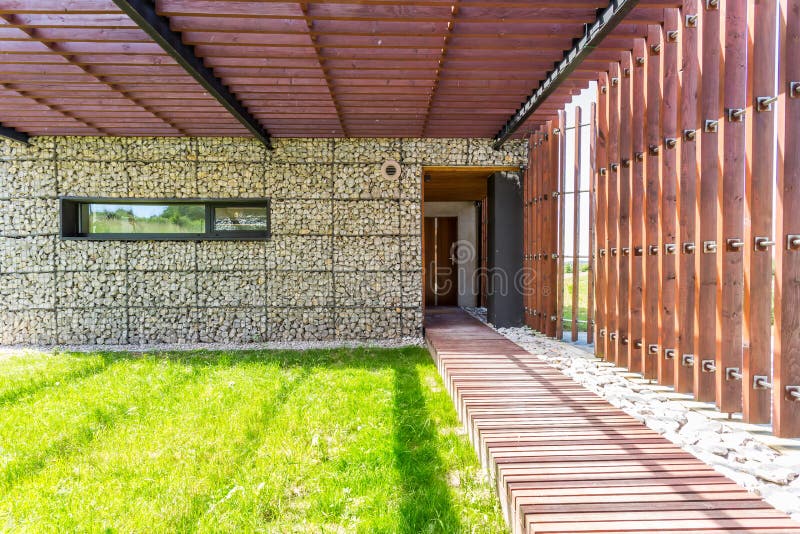 Modern Cottage House with Stone Elevation Stock Photo - Image of stone ...