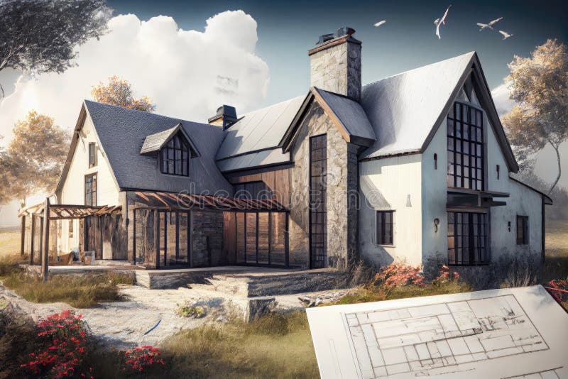 Modern Cottage Project Plan Scheme. Generative AI Stock Illustration ...