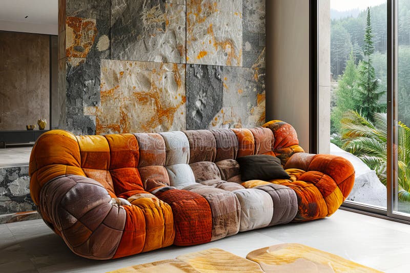 A Modern Couch with a Large Rug in Front of it Stock Photo - Image of ...