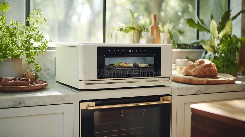 Modern Countertop Oven Baking Food in Bright Kitchen Stock Photo ...