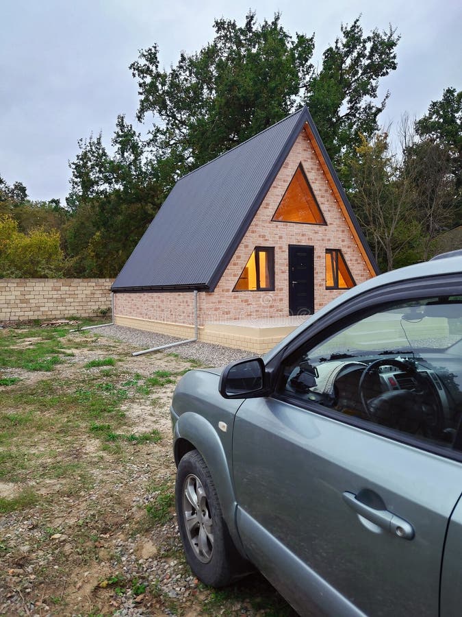Parked Car in Modern Country House Yard at Evening Time Stock Image ...