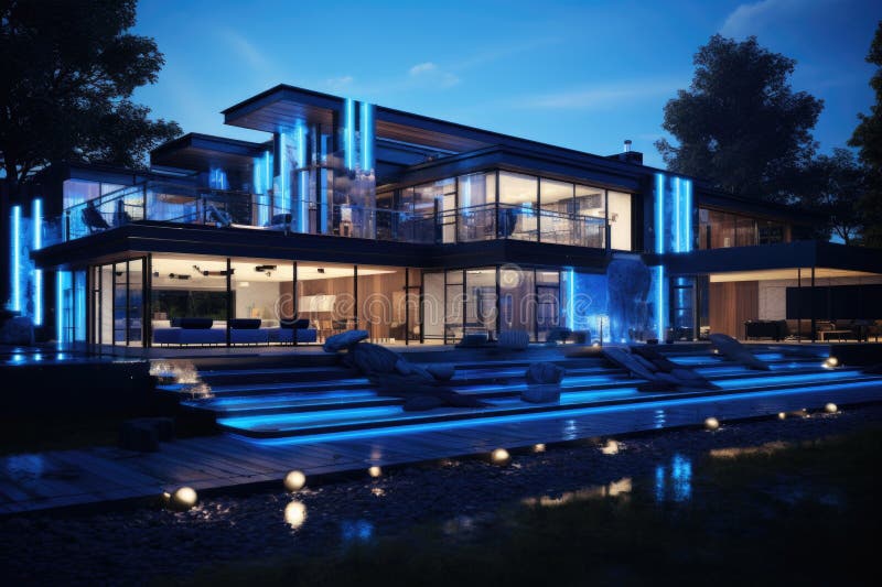 Modern Country House with Large Windows and Blue Neon Lighting Stock ...