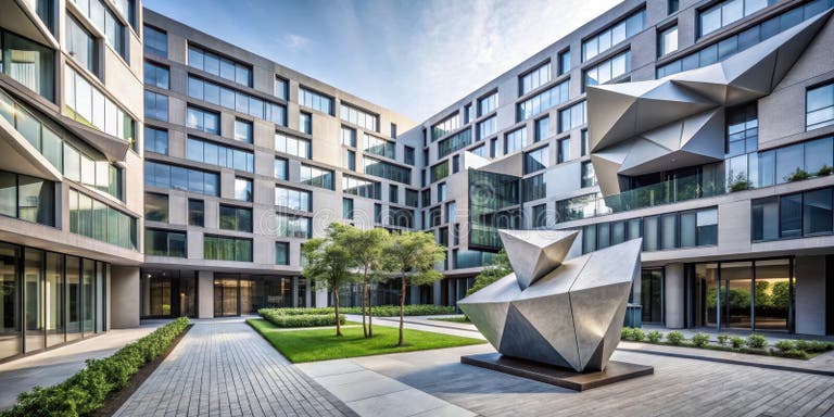 Modern Courtyard with Abstract Sculpture and Contemporary Architecture ...