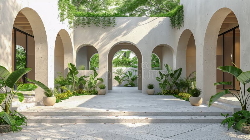 Modern Courtyard with Arched Walkways and Lush Greenery Stock ...