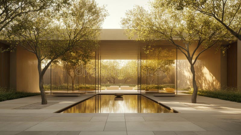 Modern Courtyard Architecture with Reflecting Pool Stock Illustration ...