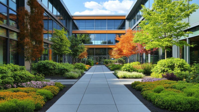Modern Courtyard with Colorful Landscaping and Stone Pathway Stock ...