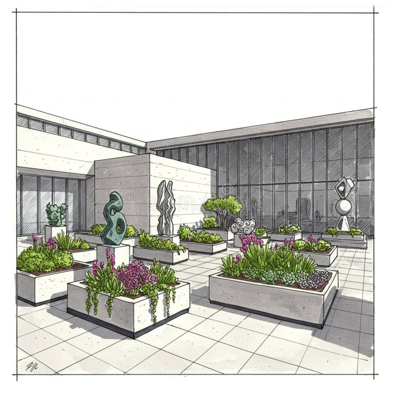 Modern Courtyard Featuring Abstract Sculptures and Neatly Arranged ...