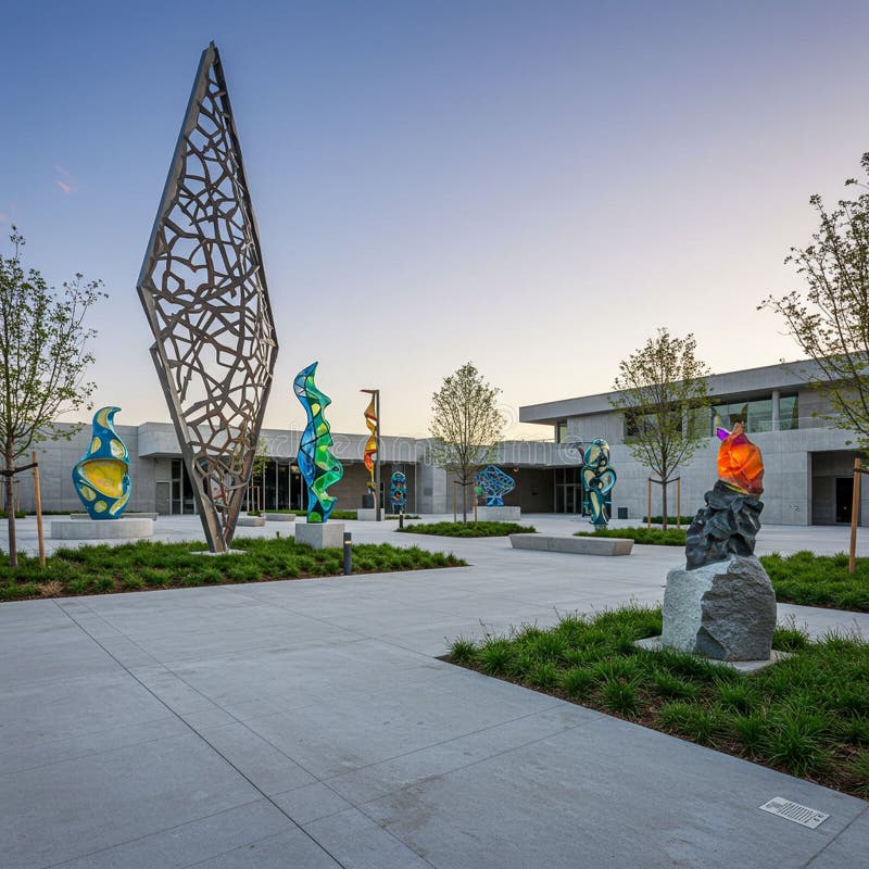 Modern Courtyard Featuring Abstract Sculptures. a Prominent Structure ...
