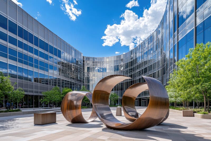 A Modern Courtyard Featuring a Metallic Sculpture Surrounded by Glass ...