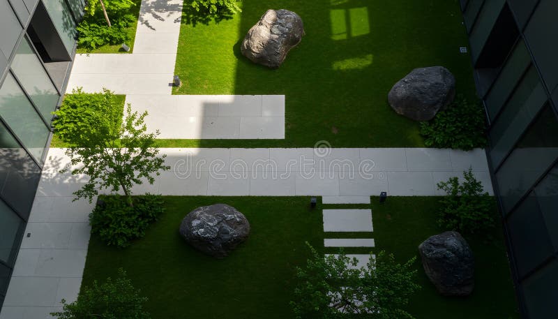 Modern Courtyard Garden with Decorative Rocks Small Trees Structured ...