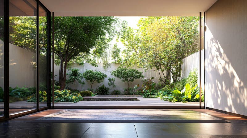 Modern Courtyard Garden with Lush Greenery and Sunlight Stock ...