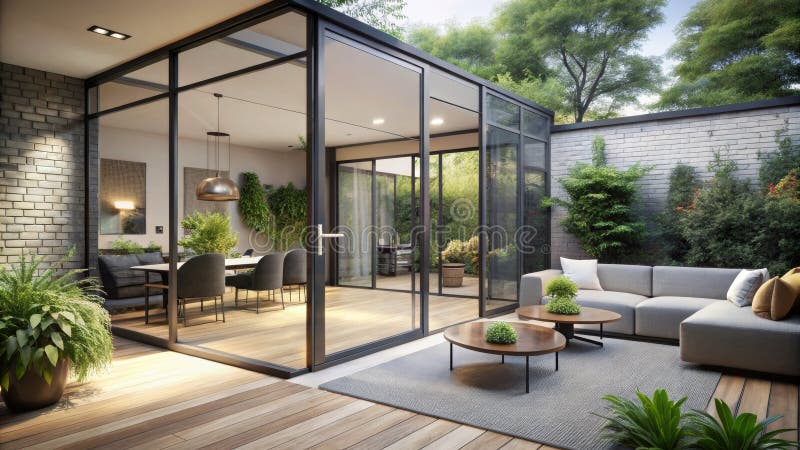 Modern Courtyard Glass Enclosure, Wooden Deck, Greenery Stock ...
