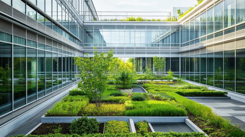 Modern Courtyard with Greenery and Glass Architecture Promoting ...