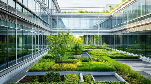 Modern Courtyard with Greenery and Glass Architecture Promoting ...