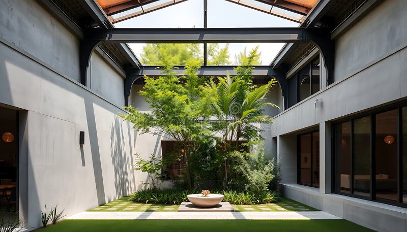 Modern Courtyard with Greenery and Skylight, Stock Image - Image of ...