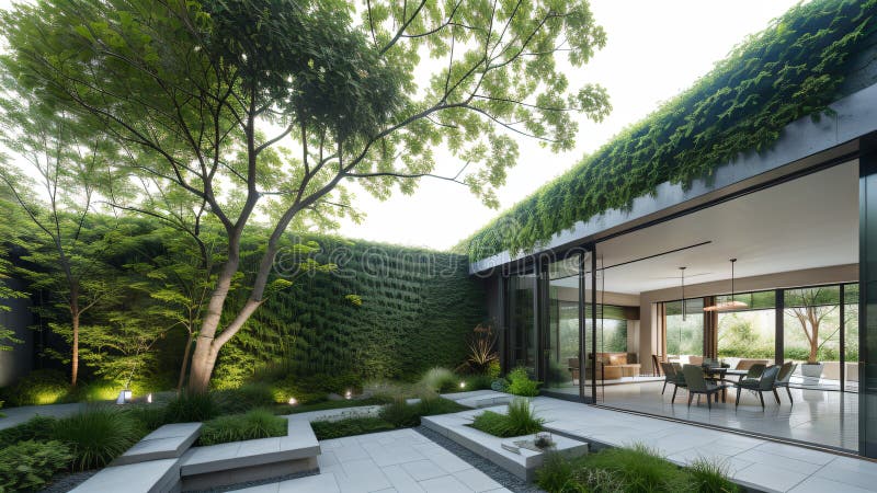 Modern Courtyard House with Lush Greenery and Sliding Glass Doors Stock ...