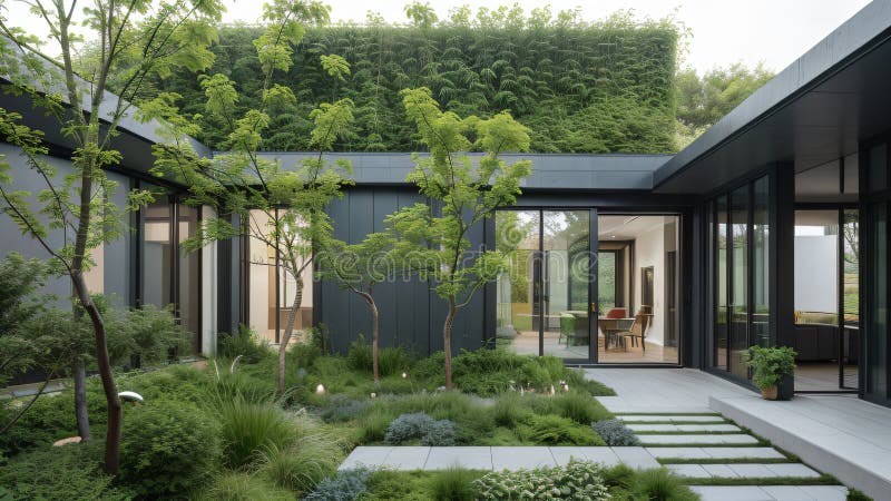 Modern Courtyard House with Lush Greenery and Sliding Glass Doors Stock ...