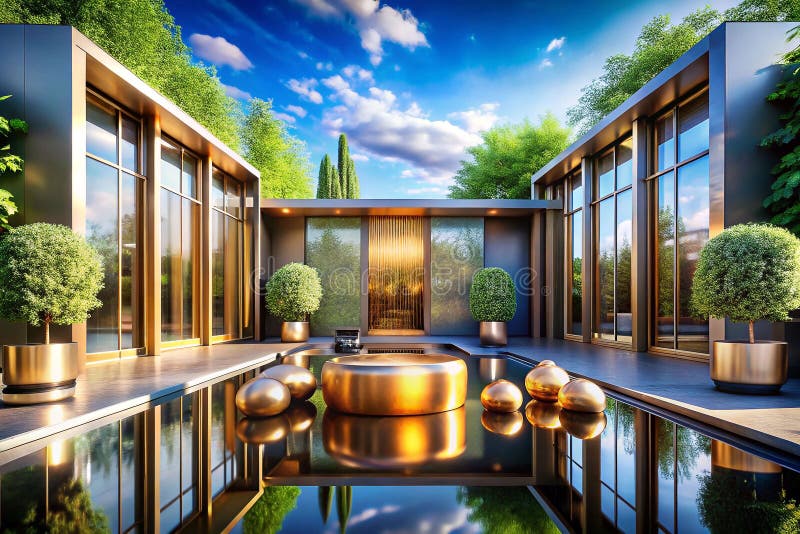 Modern Courtyard Pool with Gold Accents, Tranquil Oasis Stock ...