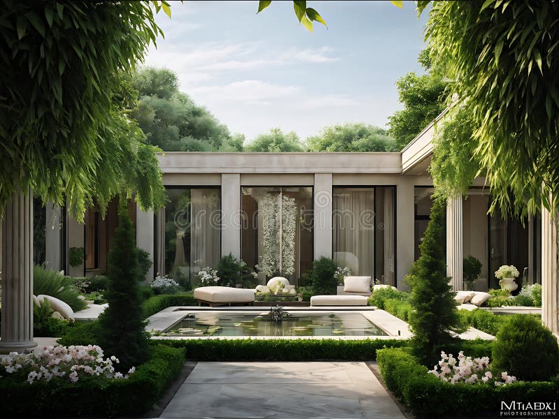 Modern Courtyard with a Pool and Lush Greenery Stock Photo - Image of ...