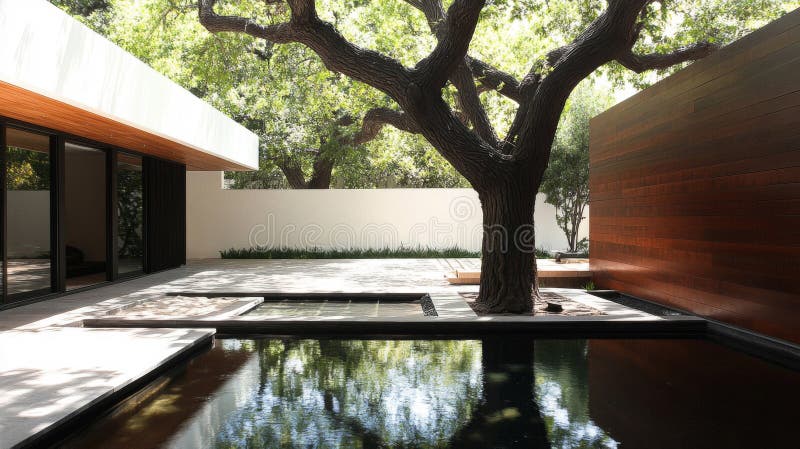 Modern Courtyard with Reflecting Pool and Large Tree Stock Illustration ...