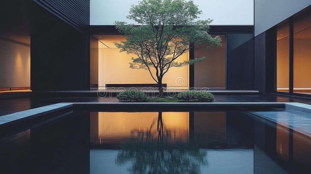 Modern Courtyard with Reflecting Pool and Minimalist Design Stock ...
