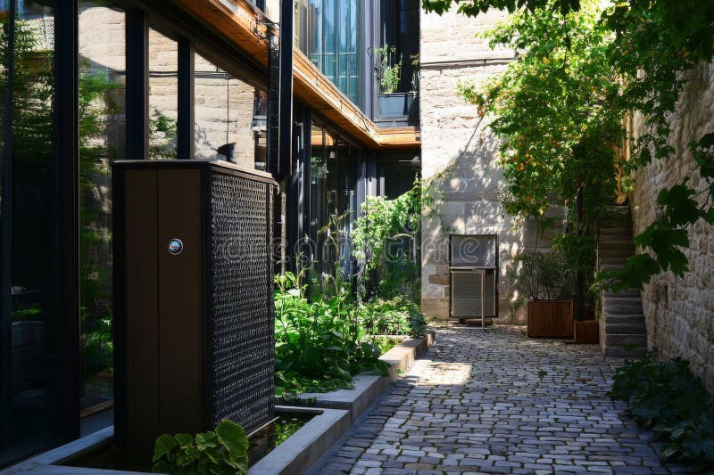 Modern Courtyard with Stone Walls, Plants, and Water Feature Stock ...