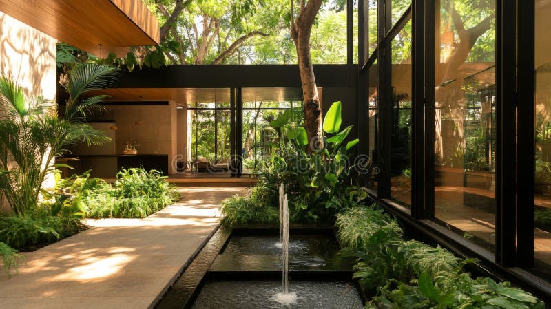 Modern Courtyard with Water Feature and Lush Greenery Stock ...