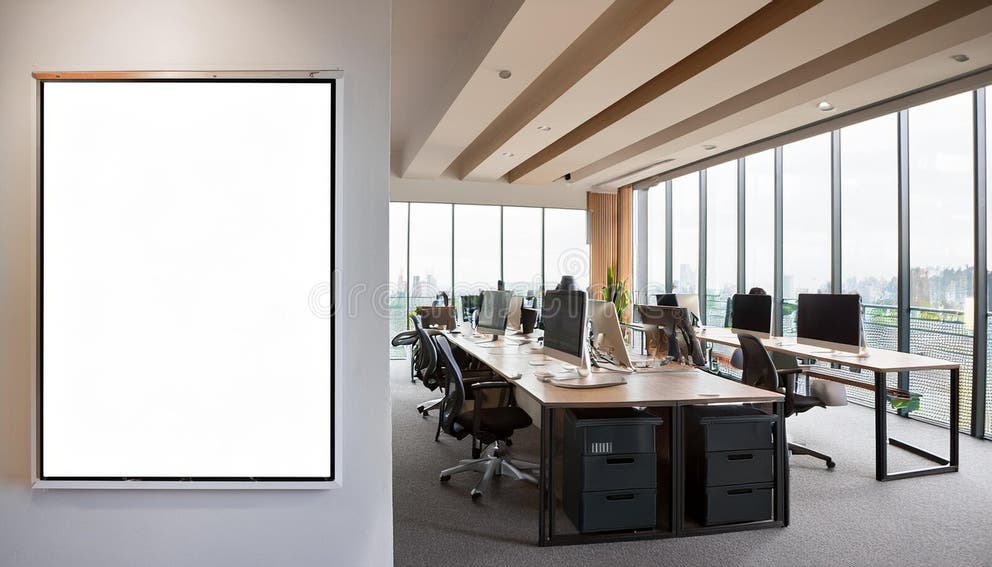 Modern Coworking Interior with Pc Computers and Panoramic Window ...