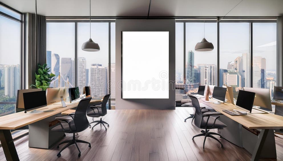 Modern Coworking Interior with Pc Computers and Panoramic Window ...