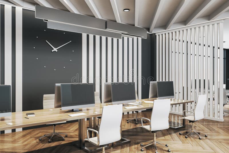 Modern Coworking Office Interior with Big Clock Stock Illustration ...