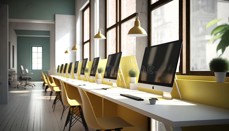 Modern Coworking Office Interior with Computers and Equipment. 3D ...