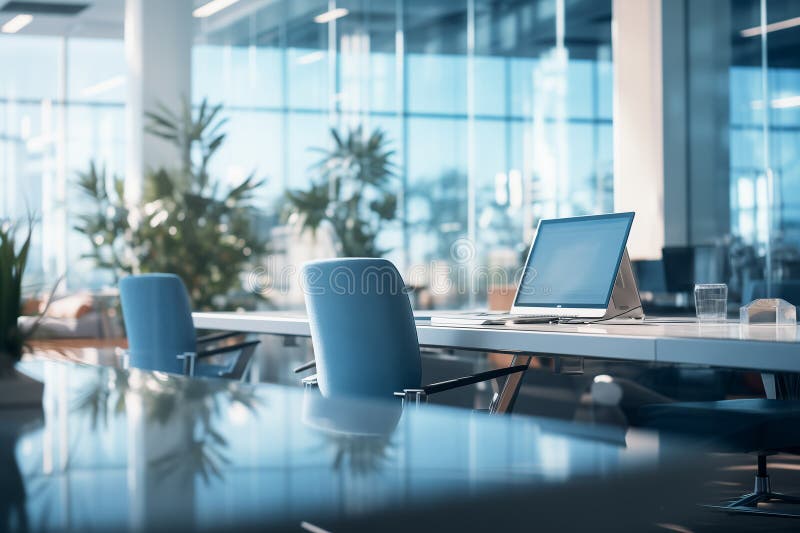 Modern Coworking Office Interior with Computers and Park View Stock ...