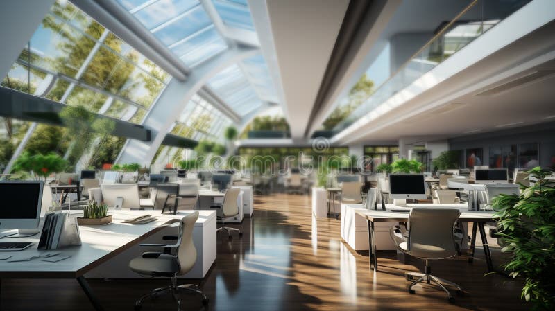 Modern Coworking Office Interior with Computers and Park View Stock ...