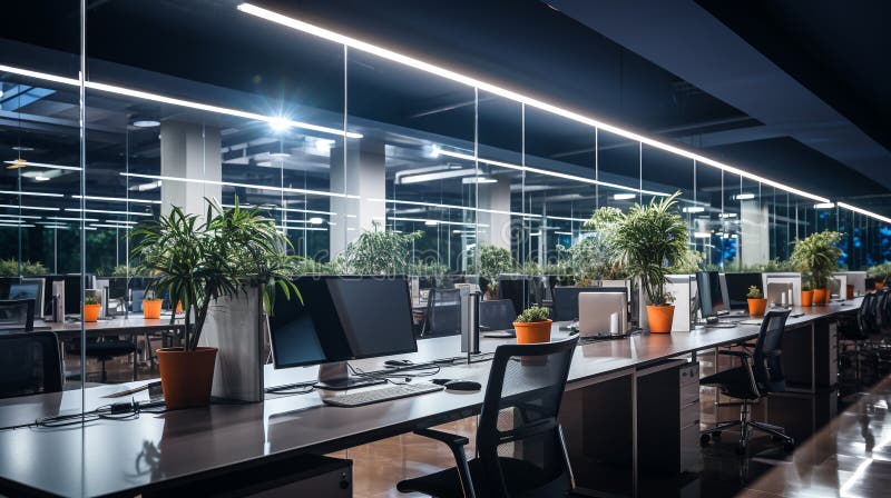 Modern Coworking Office Interior with Computers and Plants. AI ...