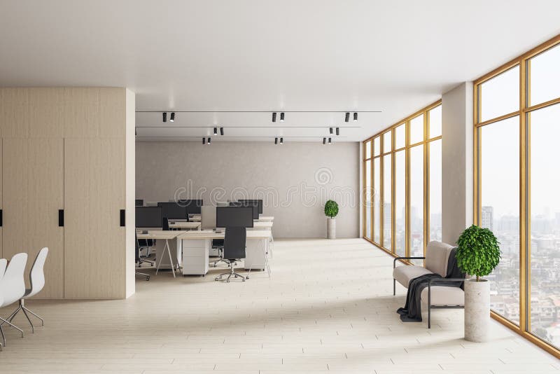 Modern Coworking Office Interior with Computers on Table a Stock ...