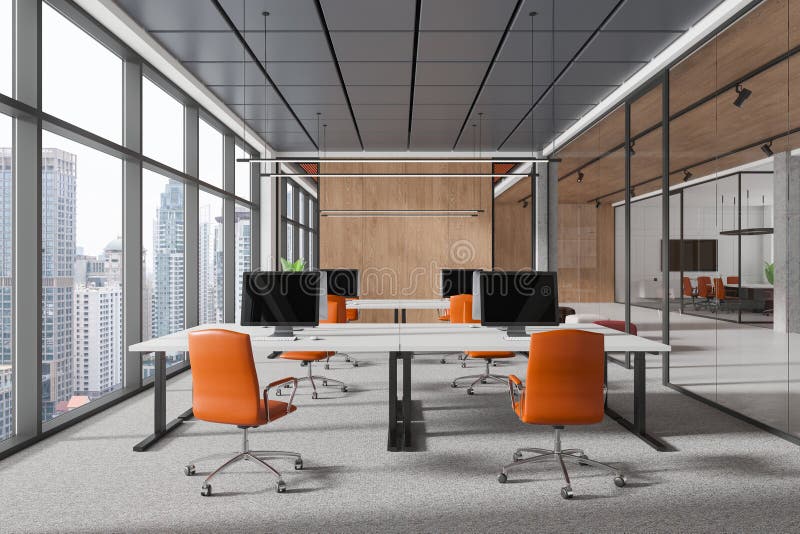 Modern Coworking Office Space with Large Windows and City View. 3D ...