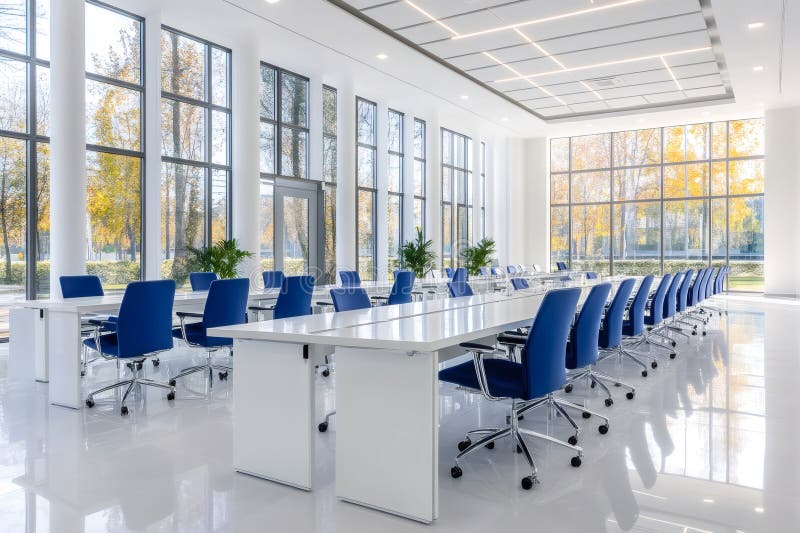 Modern Coworking Space with Blue Chairs and White Tables is Bathed in ...