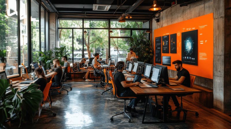 Modern Coworking Space with Diverse Employees Working at Computers ...