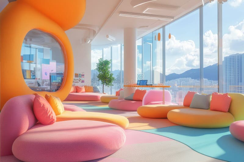 Modern Coworking Space with Interactive Workstations, Soft Seating ...