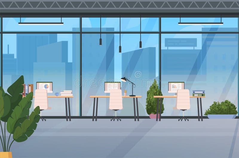 Modern Coworking Space Featuring Desks, Computers, Chairs, Panoramic Window, Natural Light and ...