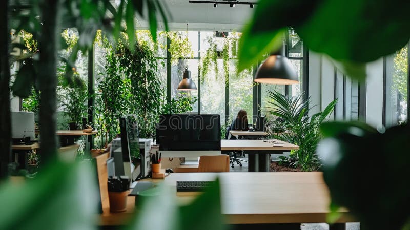 A Modern Coworking Space with Minimalist Desks and Vibrant Greenery ...