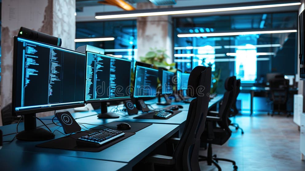 A Modern Coworking Space with Multiple Computer Stations Displaying ...