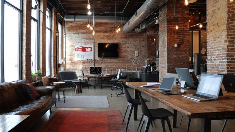 Modern Coworking Space with Open Layout, Laptops, and Industrial Design ...