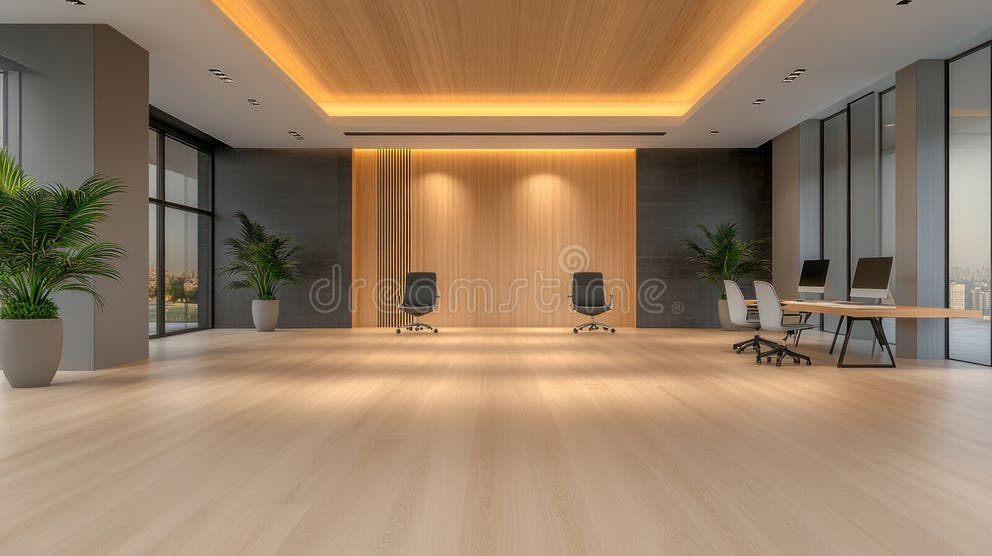 Modern Coworking Space with Panoramic Views and Row of PCs Stock ...