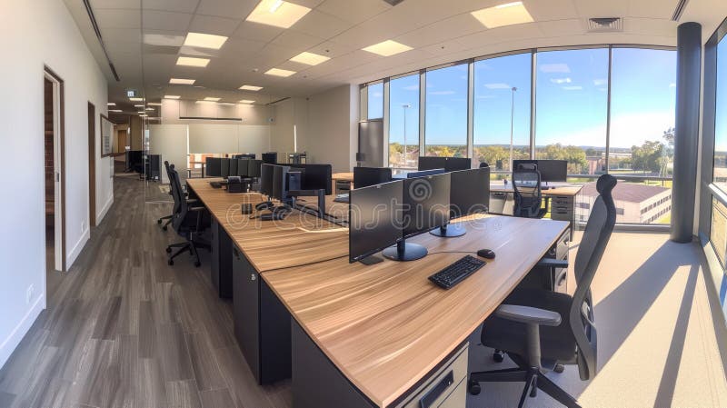 Modern Coworking Space with Panoramic Window and Row of PC Monitors ...