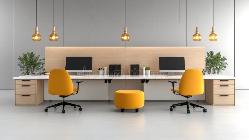 Modern Coworking Space with Row of PCs and Panoramic Window View Stock ...